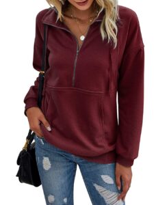 prettygarden women’s casual long sleeve lapel zipper sweatshirt drawstring loose pullover tops wine red