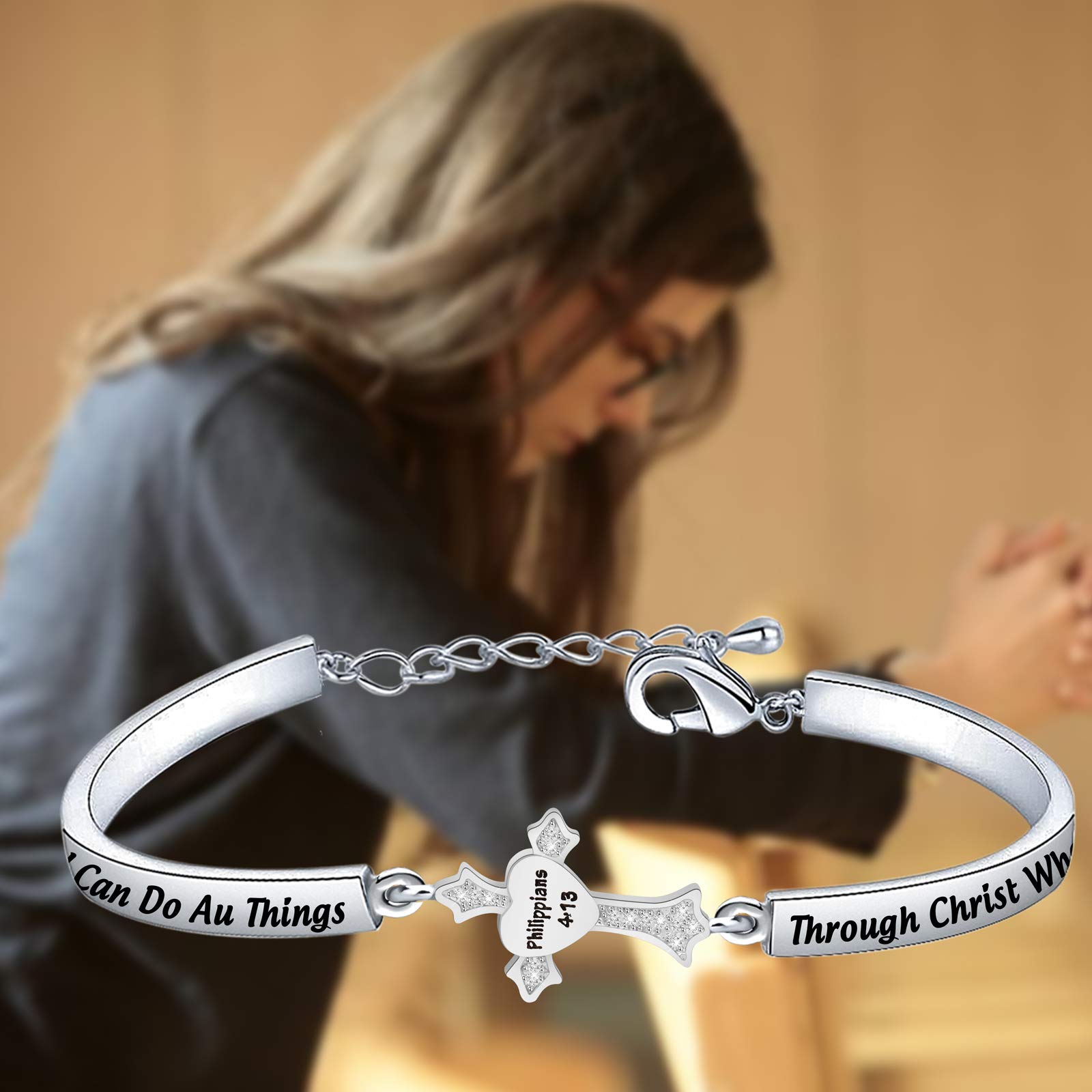 FEELMEM Verse Bible Philippians 4:13 Bracelet I Can Do All Things Through Christ Who Strengthens Me Cross Charm Bracelet Religious Jewelry Christian Gifts For Women (silver)