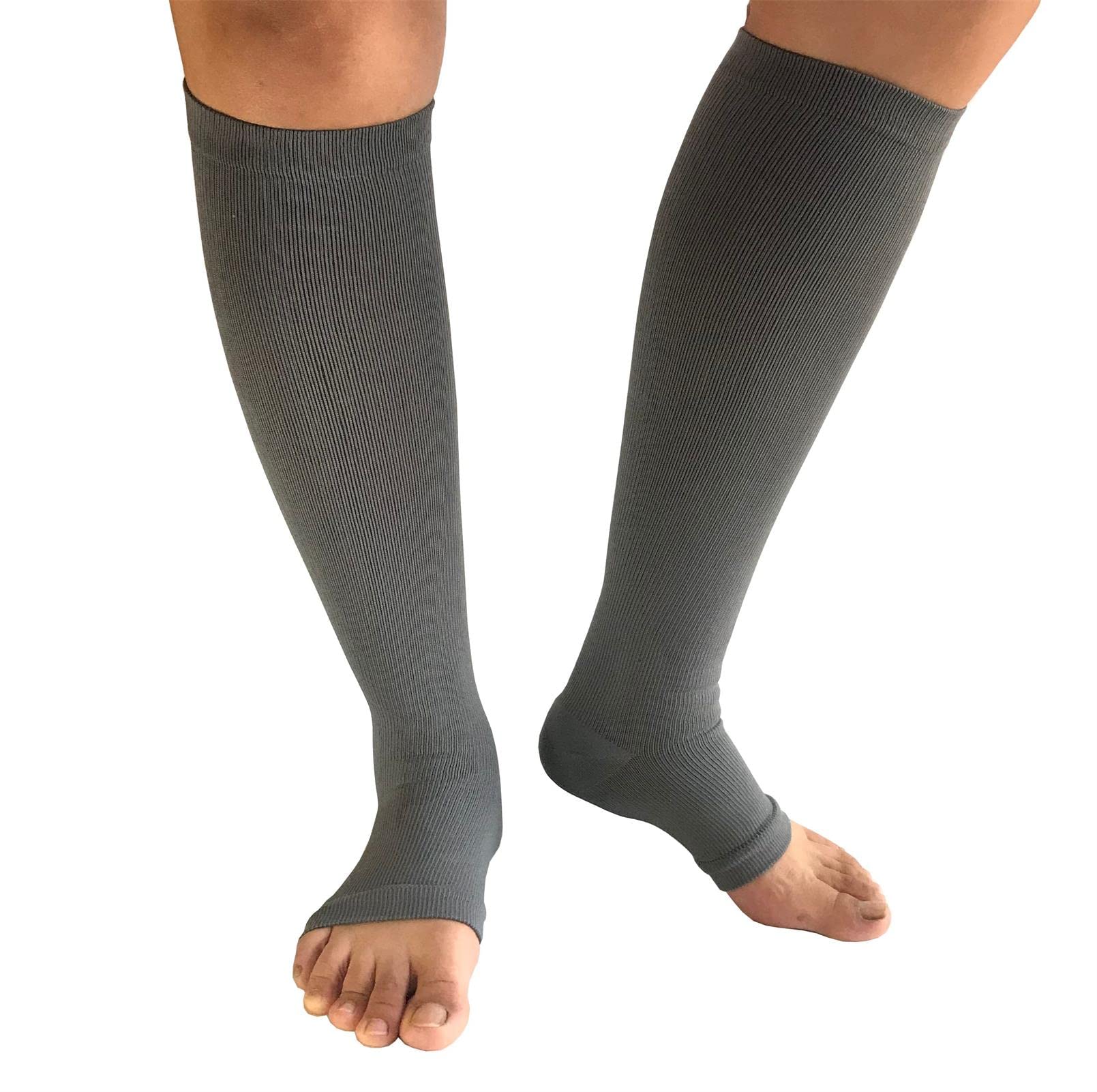 3Pairs Toeless Open Toe 15-20mmH Compression Socks for Men Women Support Knee High Stockings (Gray+Navy+Black, L/XL)