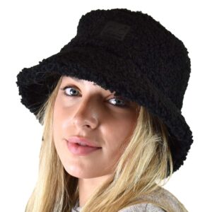 C.C Women's Winter Faux Fur Teddy Style Fisherman Bucket Hat, Black