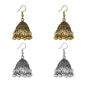 indian jewelry vintage bell tassel earring boho antique ethnic silver gold plated drop hanging earrings for women pendientes 2 pcs (bell tassel earring(gold+silver))