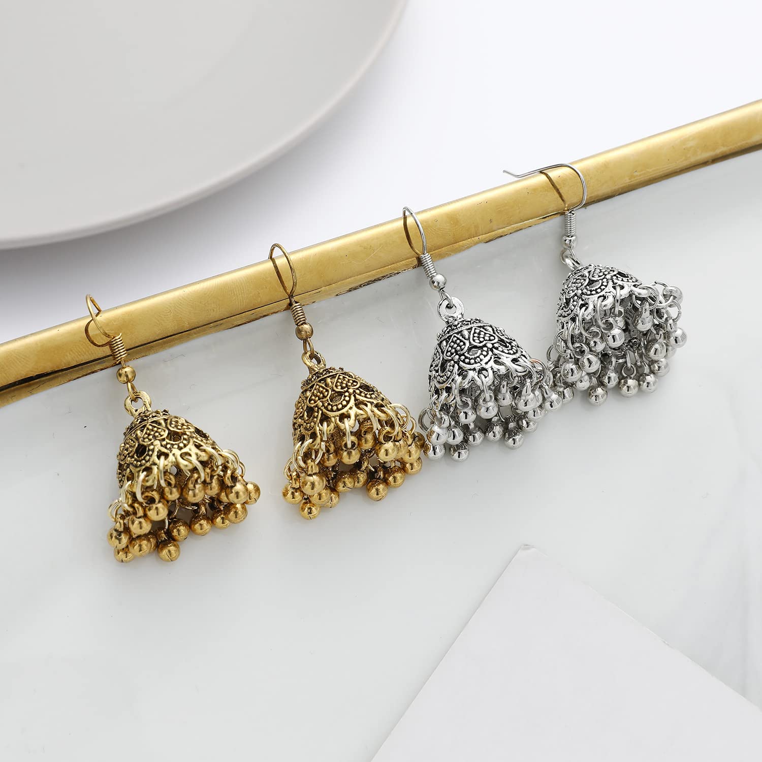 Indian Jewelry Vintage Bell Tassel Earring Boho Antique Ethnic Silver Gold Plated Drop Hanging Earrings For Women Pendientes 2 pcs (Bell Tassel Earring(Gold+Silver))