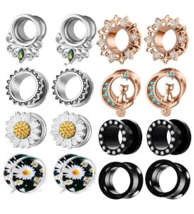 8 pairs ear tunnels gauges for women black internally flare earrings plugs gauges for ear stainless steel plug tunnel piercing stretcher kit rhinestone flower drop 10mm 00g