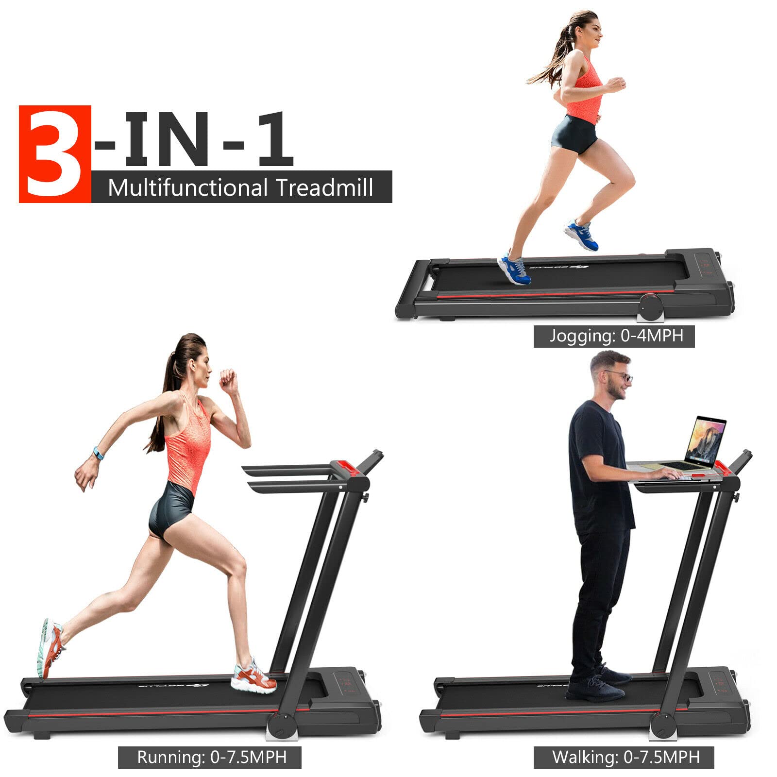 Goplus 3-in-1 Treadmill with Desk, 2.25HP Folding Electric Treadmills, Large LED Display,Remote Control, Bluetooth Speakers, Walking Jogging Machine for Home/Office Use (Black)