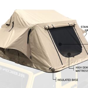 Overland Vehicle Systems TMBK 3 Person Roof Top Tent with Rain Fly Tan Body & Green Rainfly - Black Aluminum Base with Black Ladder - Universal Fitment