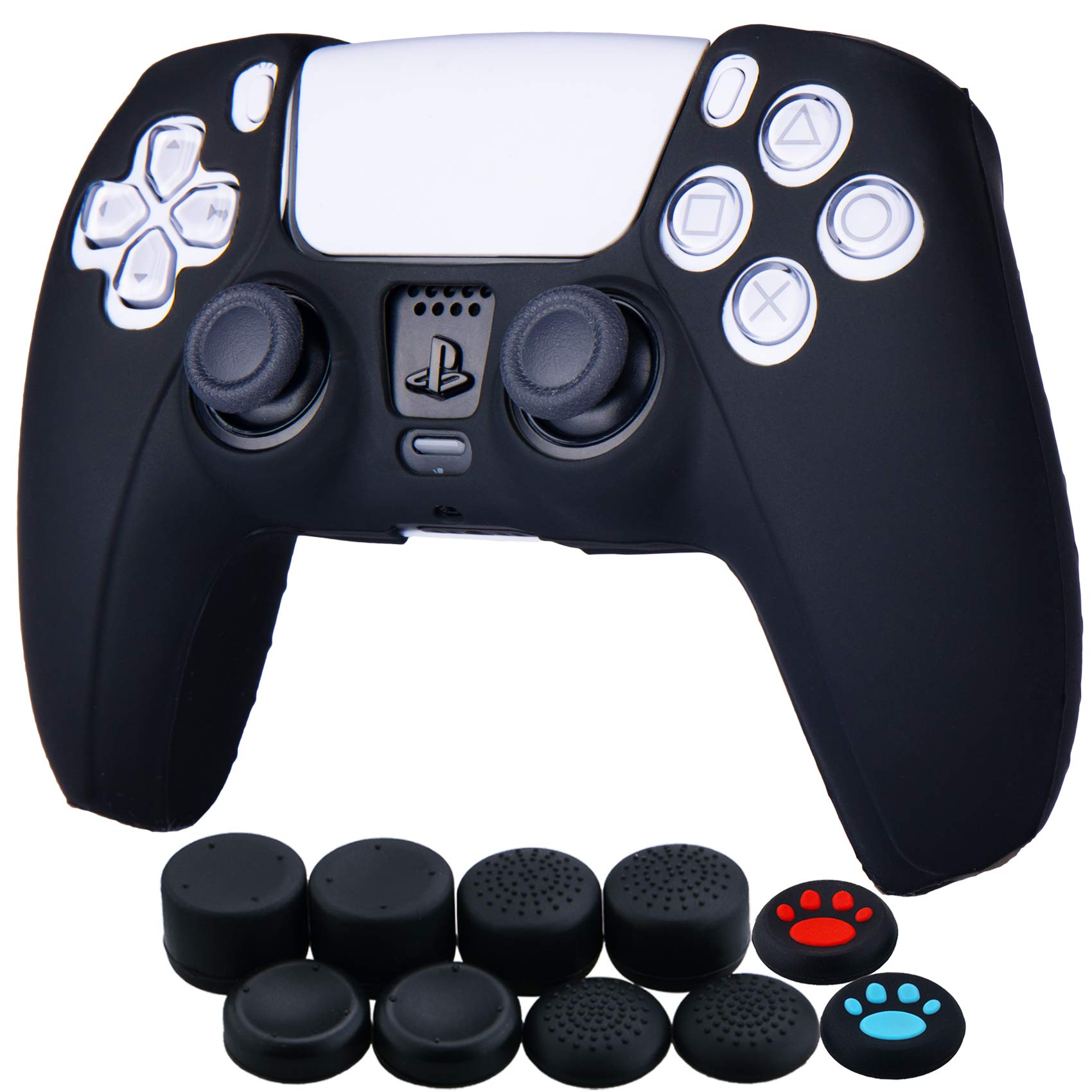 YoRHa Silicone Cover Skin Case for PS5 Controller x 1(Black) with Thumb Grips x 10