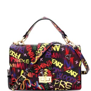 retro vintage neon multicolor colorful graffiti clutch tote purse crossbody sling bag handbag (medium top-handle satchel - black multi)