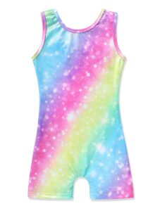 hoziy gymnastics leotards with shorts for girls size 9-10 years old rainbow colorful stripe sparkly 8-10 year old multicolor glittler biketard dance clothing clothes apparel kids leo tumbling outfits