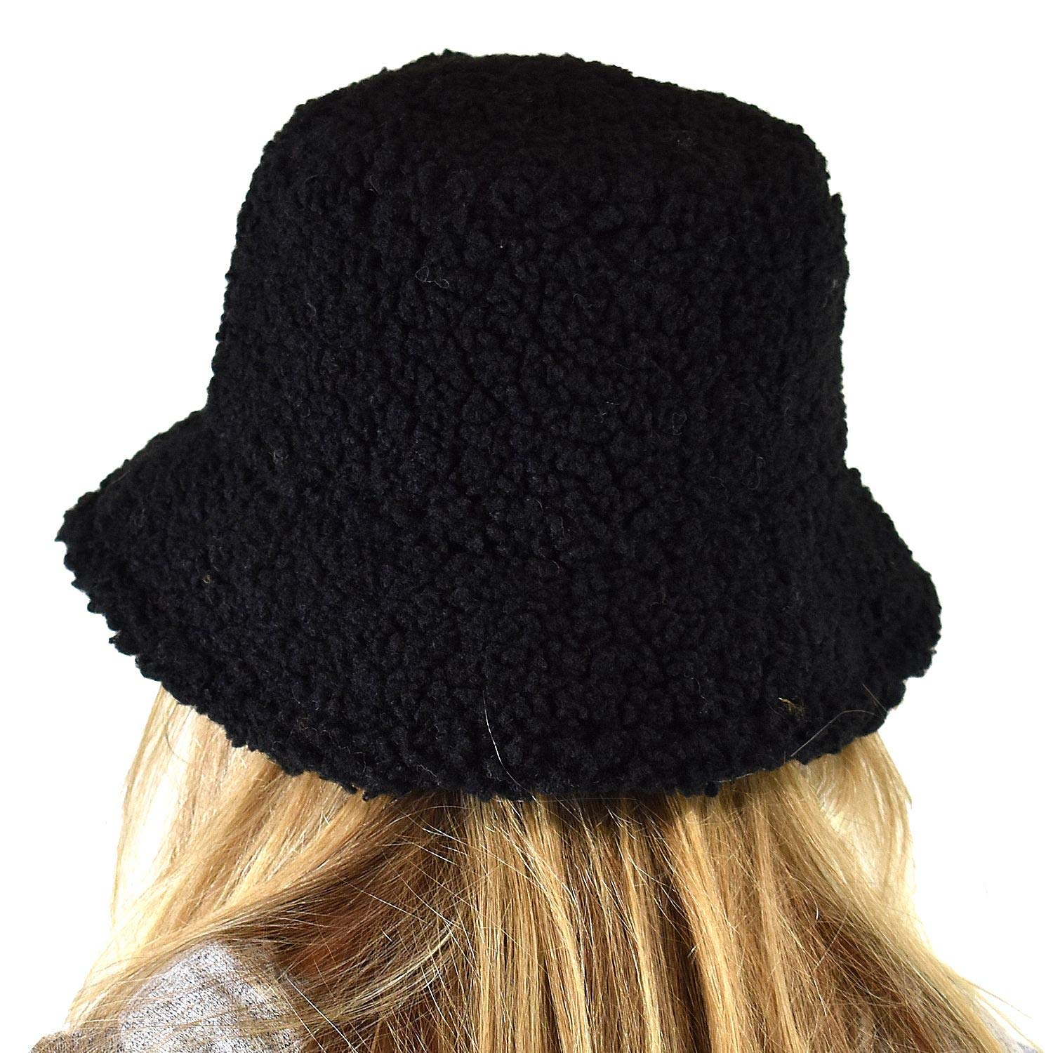 C.C Women's Winter Faux Fur Teddy Style Fisherman Bucket Hat, Black