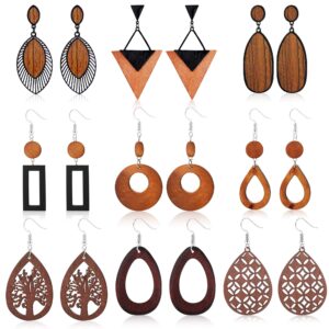 udalyn 9 pairs wooden earrings for women african natural wooden dangle earrings lightweight drop earrings ethnic statement drop earrings set