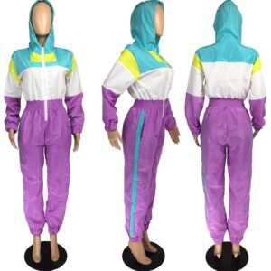 VOIKERDR Women Colorblock One Piece Outfits Set High Waist Pants Long Sleeve Zipper Front Windbreaker Jumpsuit Purple L