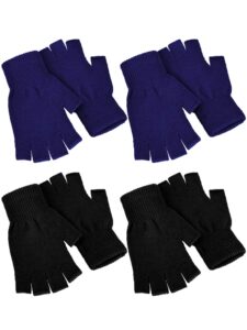 satinior 4 pairs winter half finger gloves knitted fingerless mittens warm stretchy gloves for men and women (black, navy)