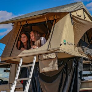 Overland Vehicle Systems TMBK 3 Person Roof Top Tent with Rain Fly Tan Body & Green Rainfly - Black Aluminum Base with Black Ladder - Universal Fitment