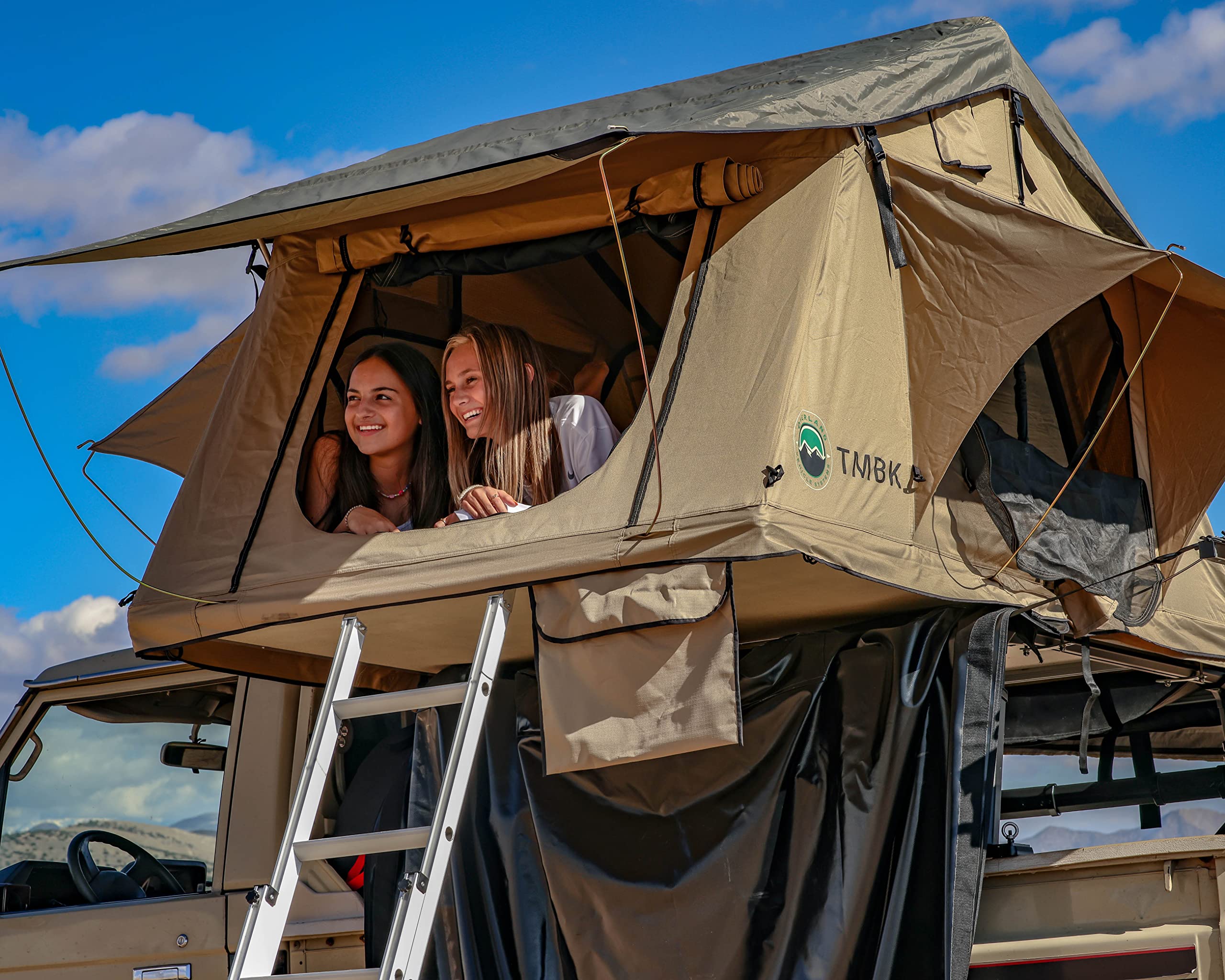 Overland Vehicle Systems TMBK 3 Person Roof Top Tent with Rain Fly Tan Body & Green Rainfly - Black Aluminum Base with Black Ladder - Universal Fitment