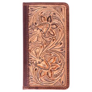 mens tooled leather wallet – rfid-blocking long wallets for men - full grain leather cowboy wallets for men – floral tooled mens western wallets w/ credit card sleeves - country western gifts for men