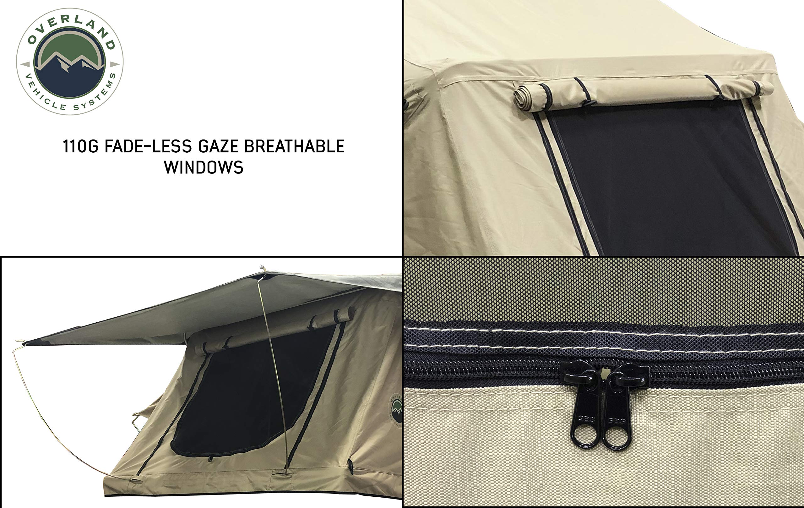 Overland Vehicle Systems TMBK 3 Person Roof Top Tent with Rain Fly Tan Body & Green Rainfly - Black Aluminum Base with Black Ladder - Universal Fitment