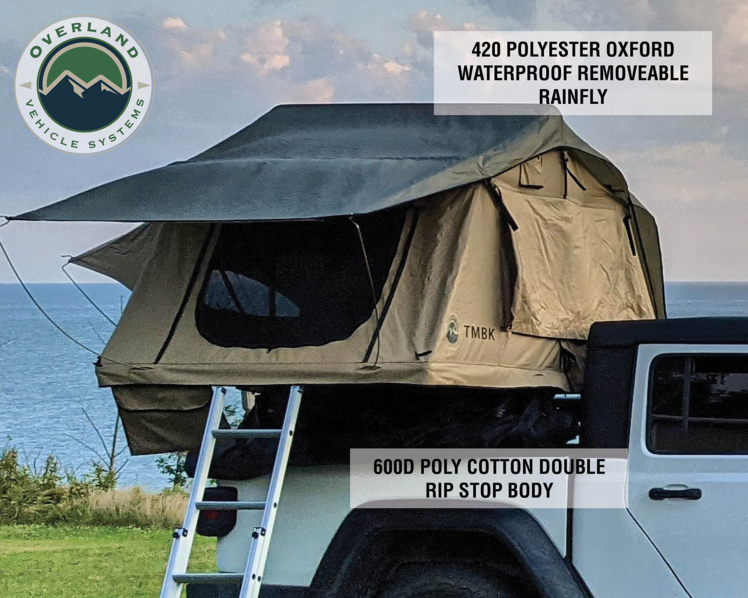 Overland Vehicle Systems TMBK 3 Person Roof Top Tent with Rain Fly Tan Body & Green Rainfly - Black Aluminum Base with Black Ladder - Universal Fitment