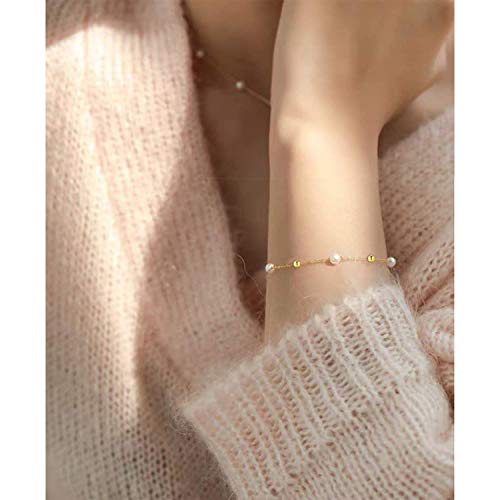 14K Gold Pearl Bracelet for Women Freshwater Cultured Pearl Beads Bracelet Station Tin Cup Pearl Bracelet with Link Chain Dainty Jewelry Gifts for Mom, Wife, 6.5''+1''+1''