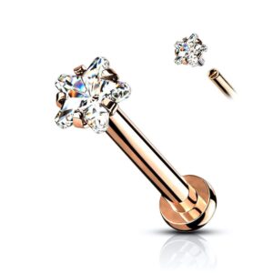 covet jewelry star cz prong set top internally threaded micro base 316l surgical steel labret, flat back studs for lip, chin, nose and more (16ga, length: 5/16" (8mm), ball: 3mm, rose gold)