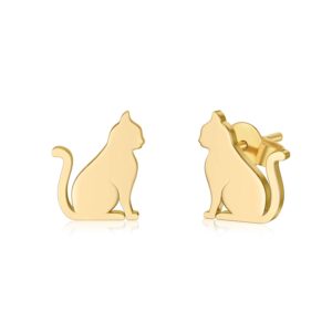 solid 14k gold cat earrings, real 14 carat gold stud earrings for women teens, animal jewelry gifts for her