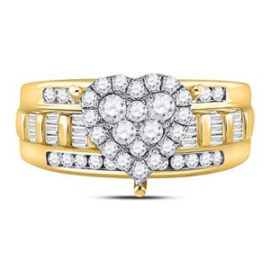 Jewels By Lux 10K Yellow Gold Round Diamond Heart Cluster Bridal Wedding Engagement Ring 1 Cttw