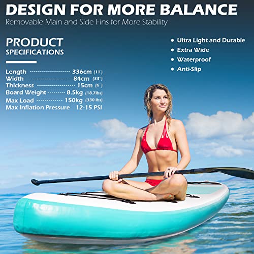 ADVENOR Paddle Board 11'x33 x6 Extra Wide Inflatable Stand Up with SUP Accessories Including Adjustable Paddle,Backpack,Waterproof Bag,Leash,and Hand Pump,Repair Kit (Green)