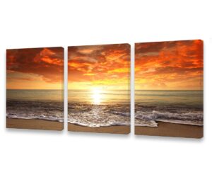 s0146 3 pieces canvas prints wall art sunset ocean beach pictures photo paintings for living room bedroom home decorations framed seascape waves landscape giclee artwork 16x24inch x3pcs