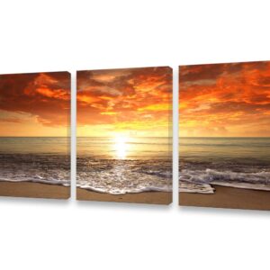 S0146 3 pieces Canvas Prints Wall Art Sunset Ocean Beach Pictures Photo Paintings for Living Room Bedroom Home Decorations Framed Seascape Waves Landscape Giclee Artwork 16x24inch x3pcs