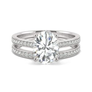 Charles & Colvard Created Moissanite 9x7mm Oval Cut Bridal Ring Set for Women | 2.55 cttw DEW | Lab Grown | Solid 14K White Gold with Rhodium | Size 6.5