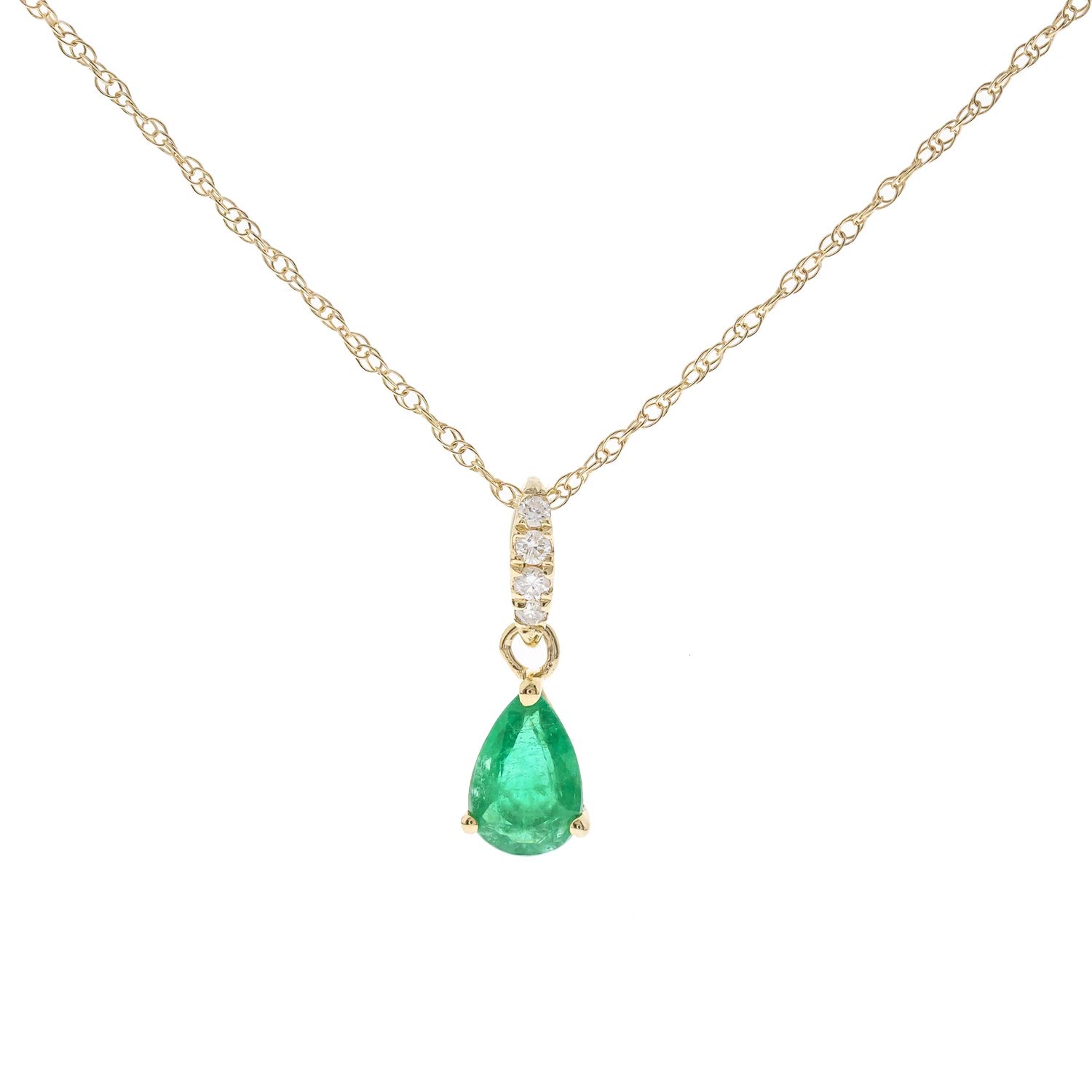 Gin & Grace 10K Yellow Gold Natural Zambian Emerald Pendant with natural Diamonds for women | Ethically, authentically & organically sourced Pear-cut Emerald hand-crafted jewelry for her, Valentine's Day Gift for her