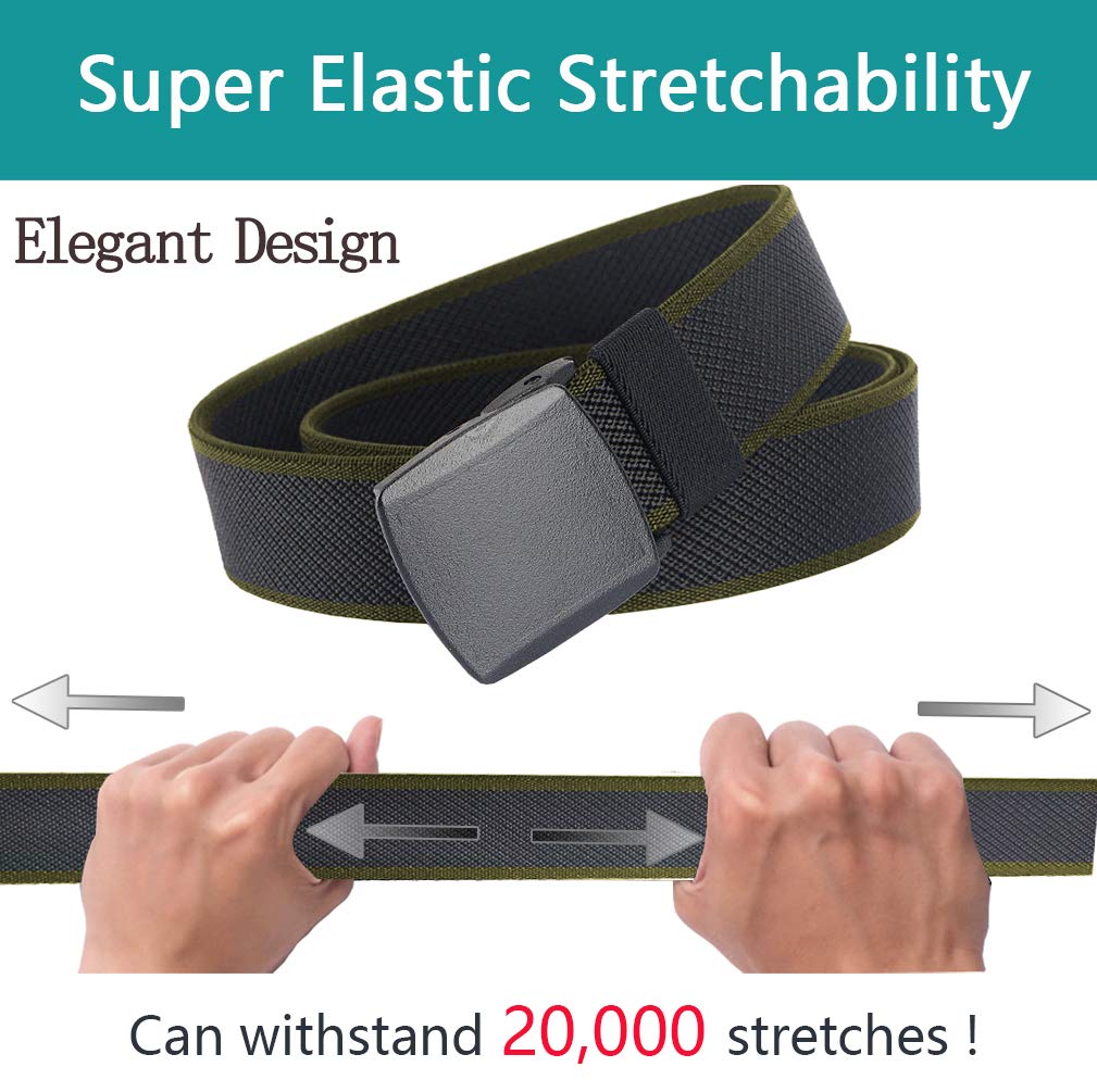 LionVII Men's Elastic Stretch Belts - Breathable Canvas Web Belt for Men No-Metal Plastic Buckle for Travel Work Adjustable [49" L x 1.5" W](Black & Gray)