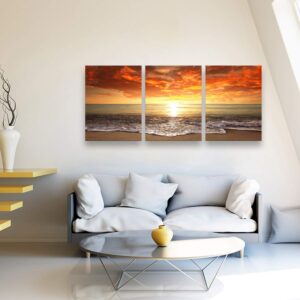 S0146 3 pieces Canvas Prints Wall Art Sunset Ocean Beach Pictures Photo Paintings for Living Room Bedroom Home Decorations Framed Seascape Waves Landscape Giclee Artwork 16x24inch x3pcs