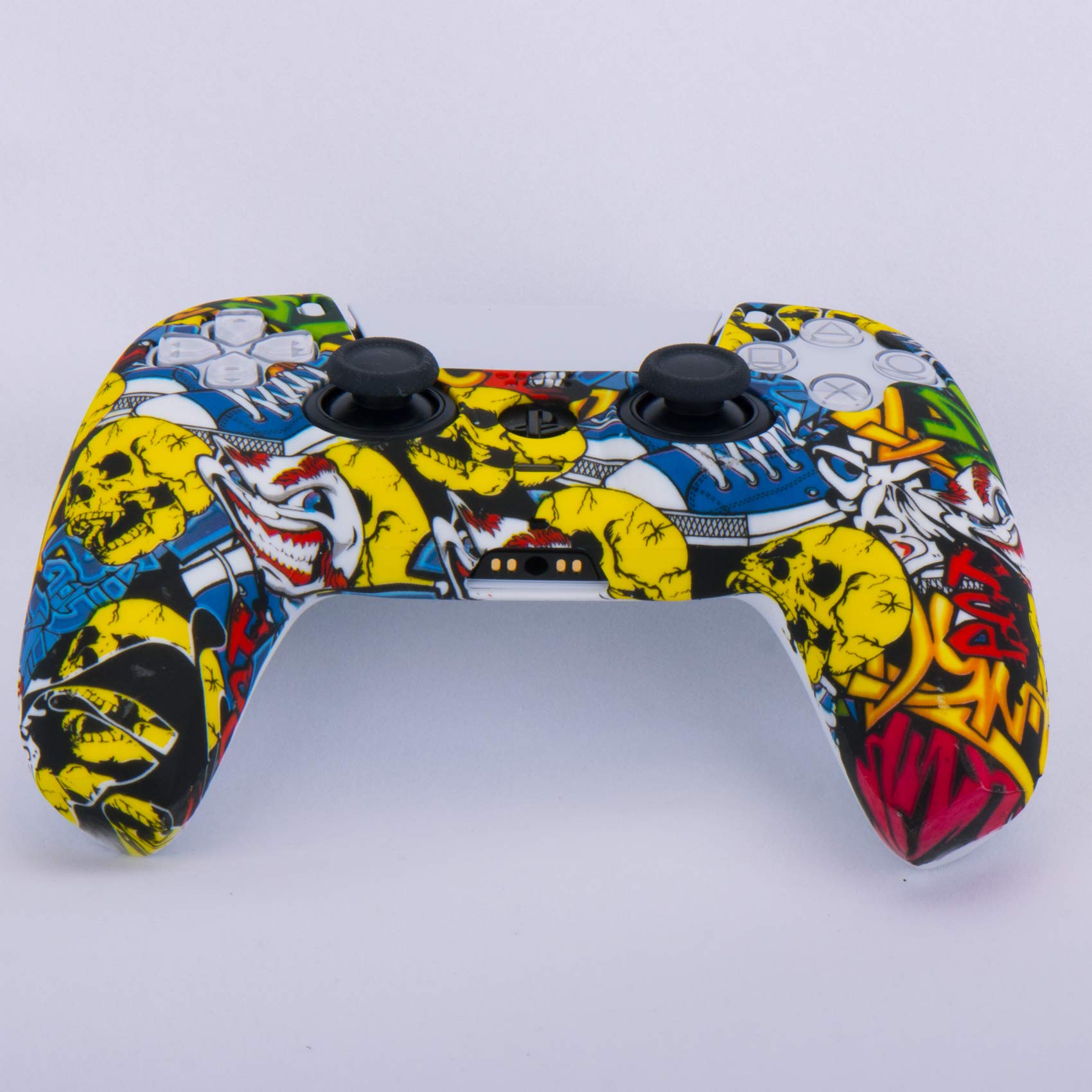 9CDeer 1 Piece of Silicone Transfer Print Protective Thick Cover Skin + 6 Thumb Grips for PlayStation 5 / PS5 Controller Cartoon Skulls