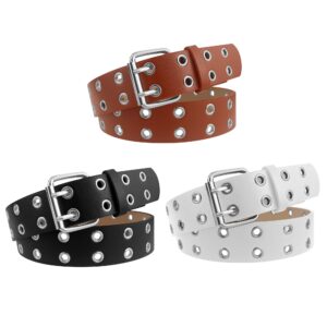 udekit women's pu leather belt double silver grommet soft faux leather waist belt large size (3 pieces/set)