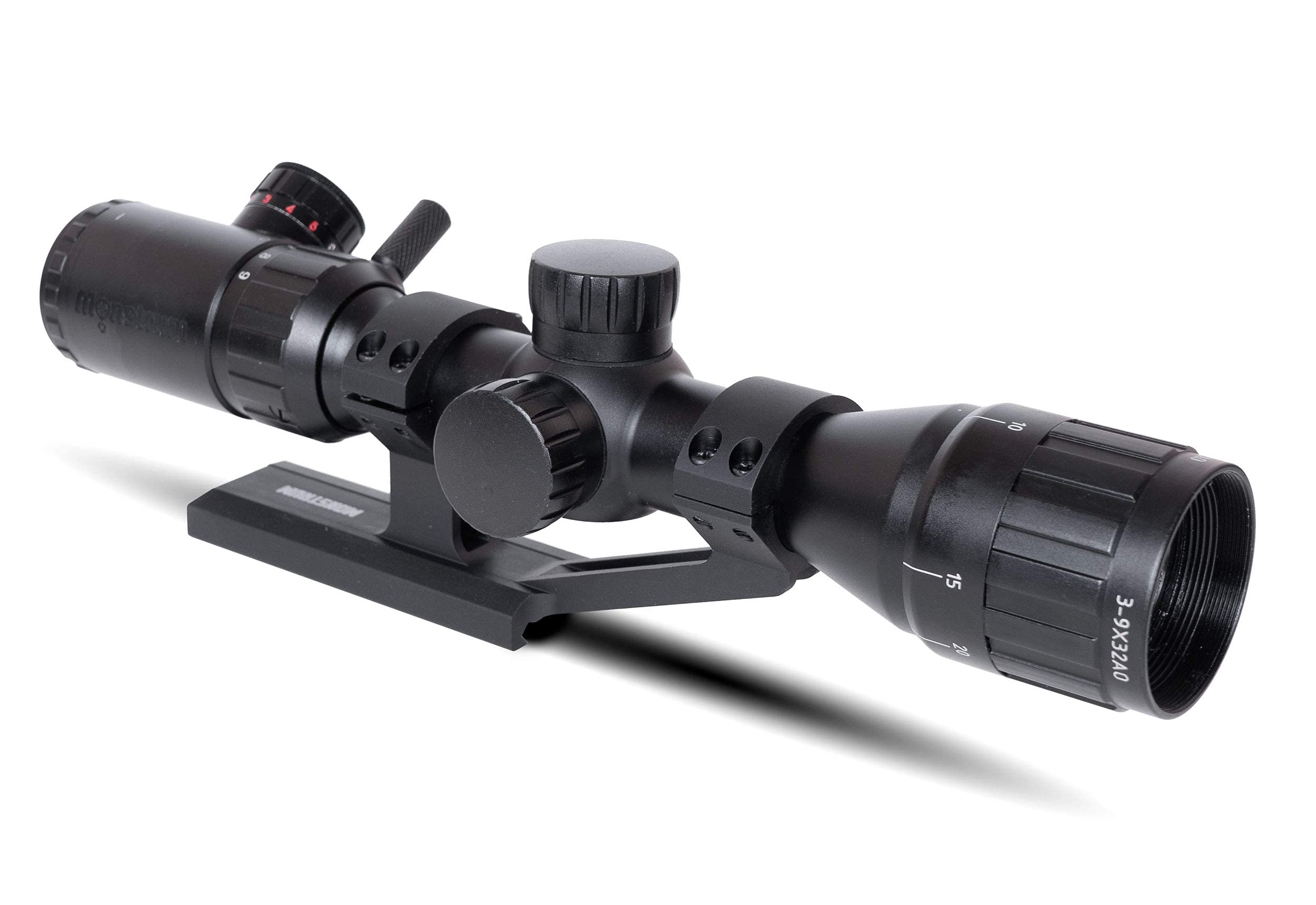 Monstrum 3-9x32 AO Rifle Scope with Illuminated Range Finder Reticle and Parallax Adjustment | ZR255 H-Series Offset Scope Mount | Bundle