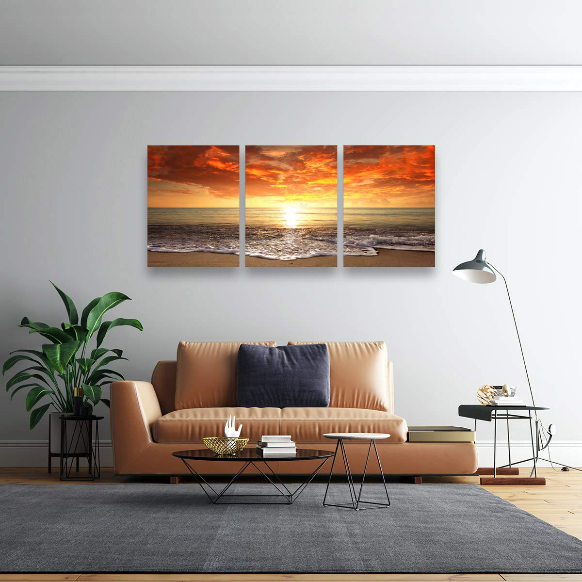 S0146 3 pieces Canvas Prints Wall Art Sunset Ocean Beach Pictures Photo Paintings for Living Room Bedroom Home Decorations Framed Seascape Waves Landscape Giclee Artwork 16x24inch x3pcs