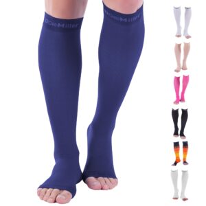 doc miller, open toe compression socks, 8-15 mmhg, toeless, support circulation, shin splints, calf recovery, varicose, knee high, medical grade, dark blue socks, large size for men & women, pair