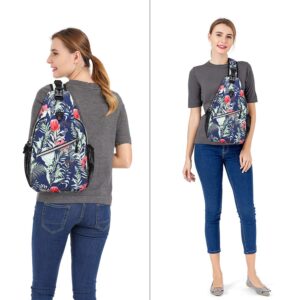 MOSISO Sling Backpack,Travel Hiking Daypack Pattern Rope Crossbody Shoulder Bag, Navy Blue Base Tulip