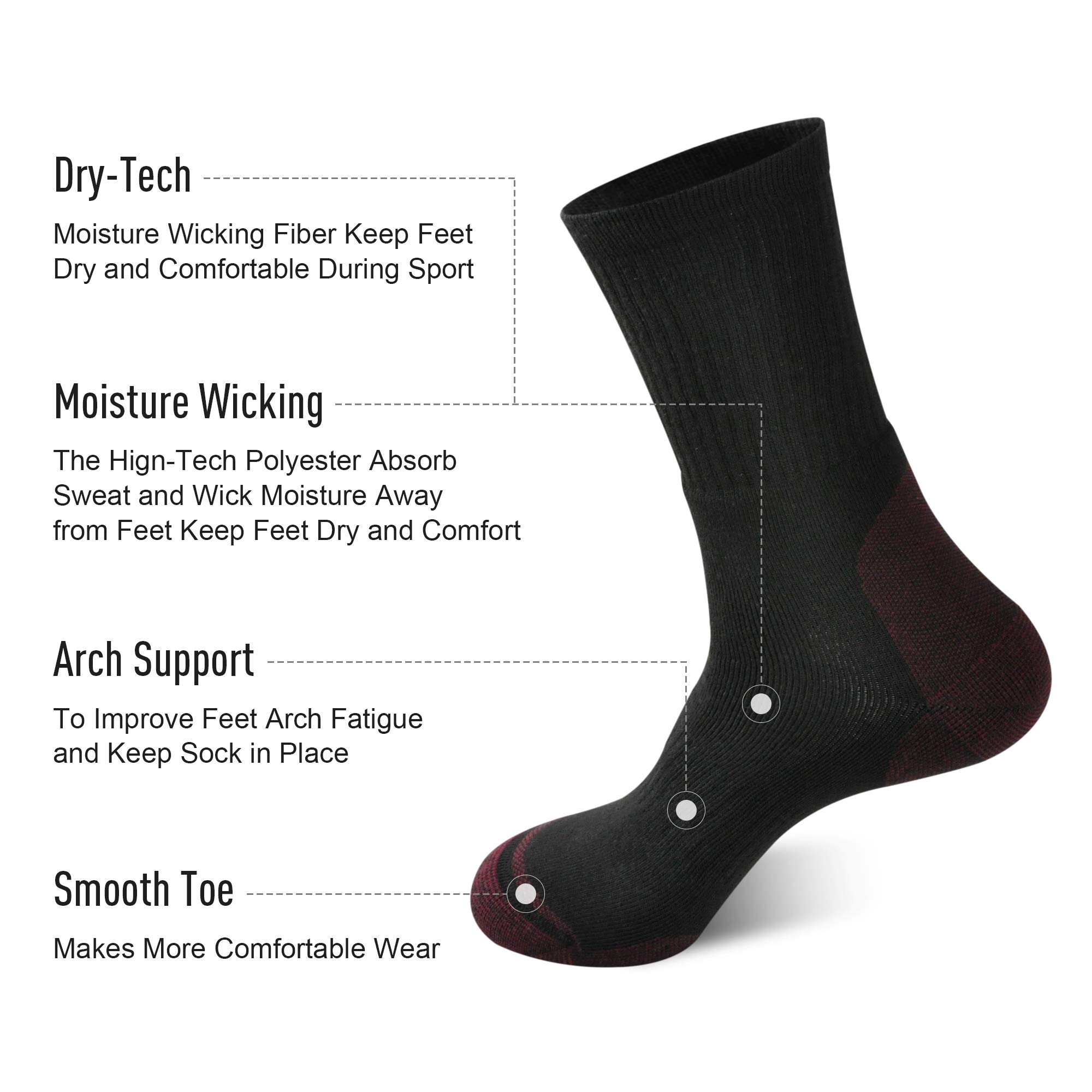 ECOEY Men's Work Boots Athletic Running Crew Socks, Dry-Tech Moisture Wicking Heavy Cushion 8 Pairs (Black+Dark Red, US Shoe Size: Men 9.5-11.5/Women 11-13)