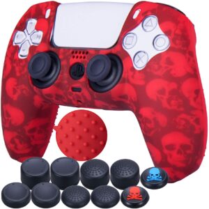 9cdeer 1 piece of silicone transfer print protective cover skin + 10 thumb grips for playstation 5 / ps5 controller skull red