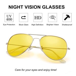 Night Vision Glasses Anti-Glare Polarized Aviator Night Driving Glasses for Men & Women (Silver Lightweight Metal Frame)