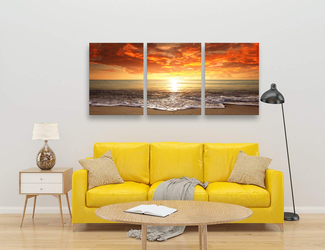 S0146 3 pieces Canvas Prints Wall Art Sunset Ocean Beach Pictures Photo Paintings for Living Room Bedroom Home Decorations Framed Seascape Waves Landscape Giclee Artwork 16x24inch x3pcs