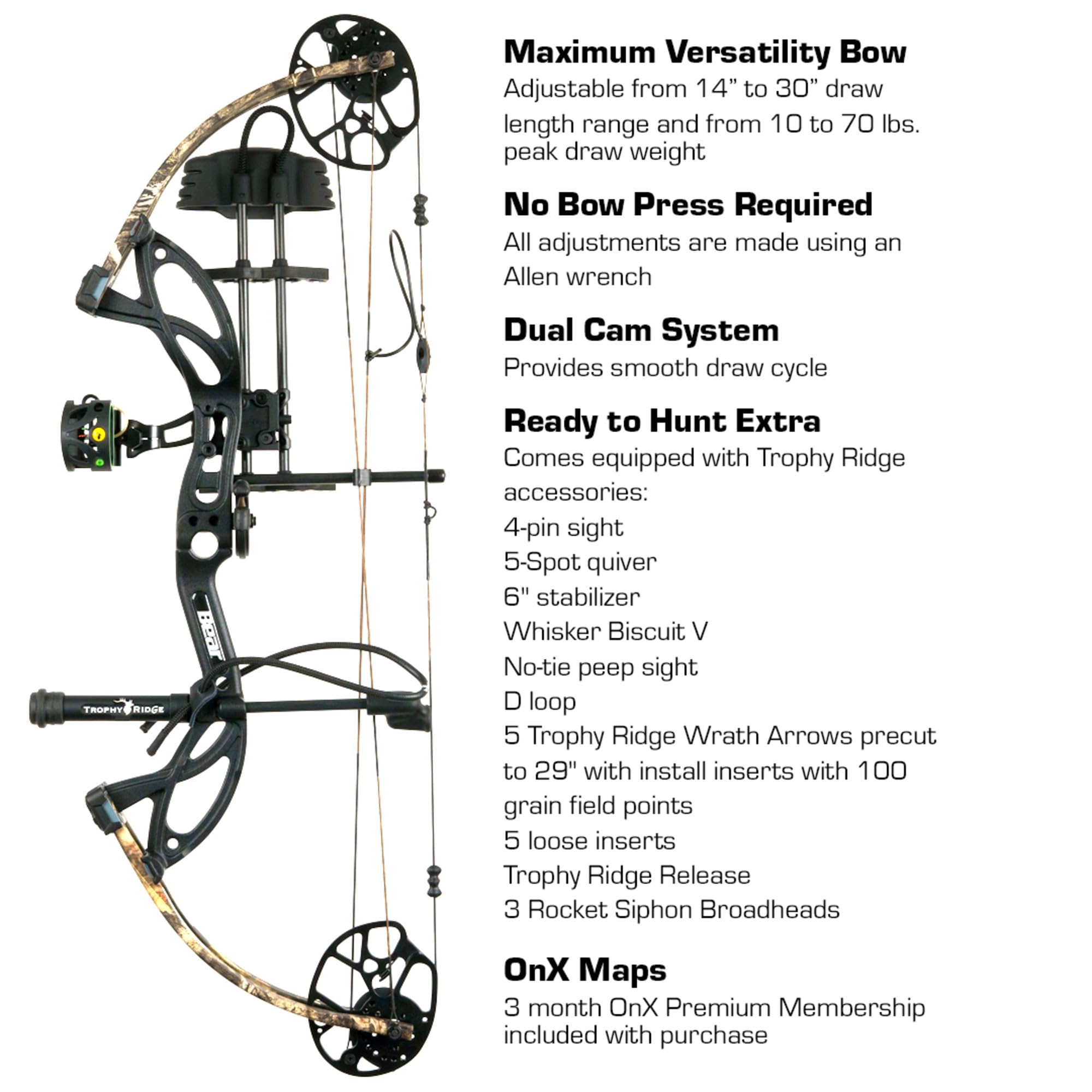 Bear Archery Legit Ready to Hunt Extra Compound Bow Package for Adults & Youth, Right Hand, True Timber Strata