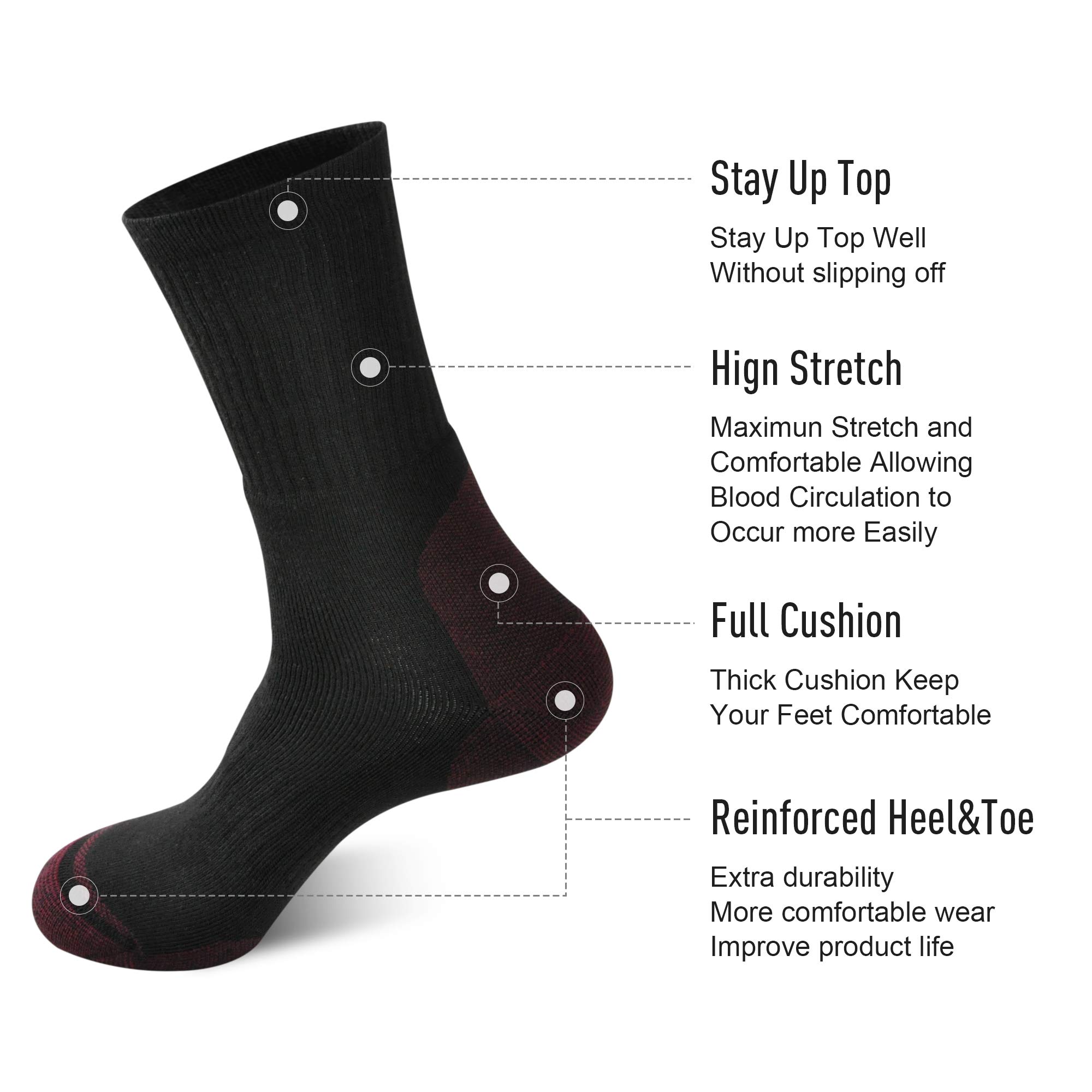 ECOEY Men's Work Boots Athletic Running Crew Socks, Dry-Tech Moisture Wicking Heavy Cushion 8 Pairs (Black+Dark Red, US Shoe Size: Men 9.5-11.5/Women 11-13)