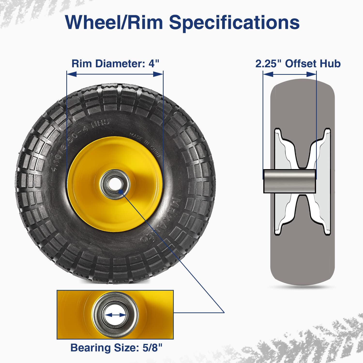 MaxAuto 10 Inch Solid Rubber Tires 4.10 3.50-4 Flat Free Tire 4.10/3.50-4 Tire and Wheel, 2.25" Offset Hub, 5/8" Bearings, for Hand Truck, Trolley, Garden Cart, Lawn Mower, Garden Wagon, Wheelbarrow