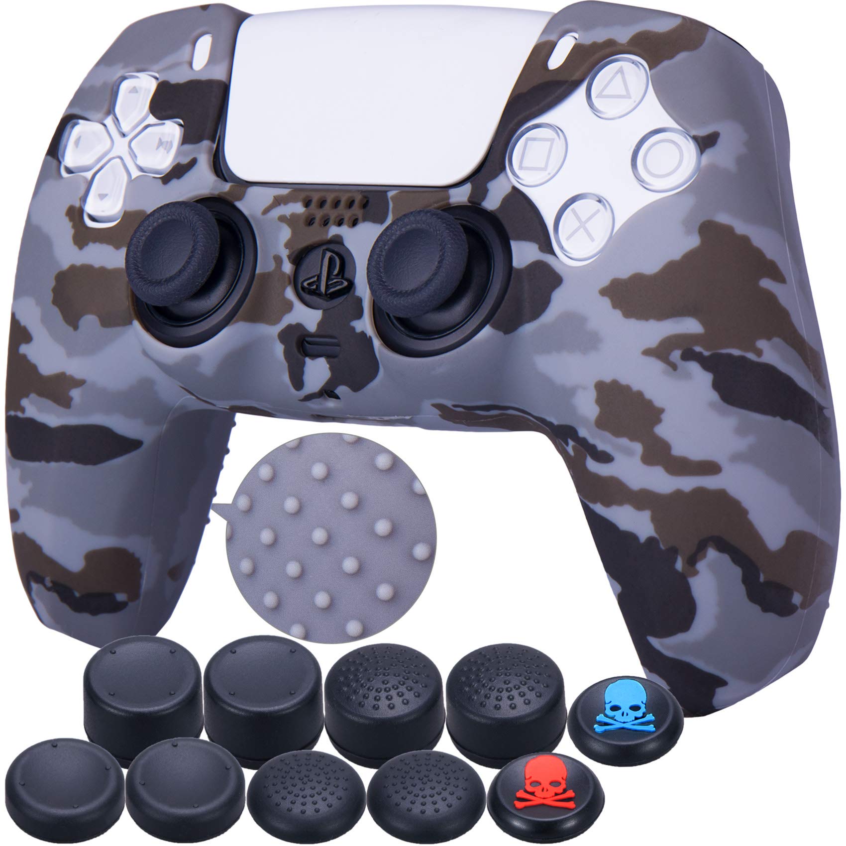 9CDeer 1 Piece of Silicone Transfer Print Protective Cover Skin + 10 Thumb Grips for PlayStation 5 / PS5 Controller Camougrey