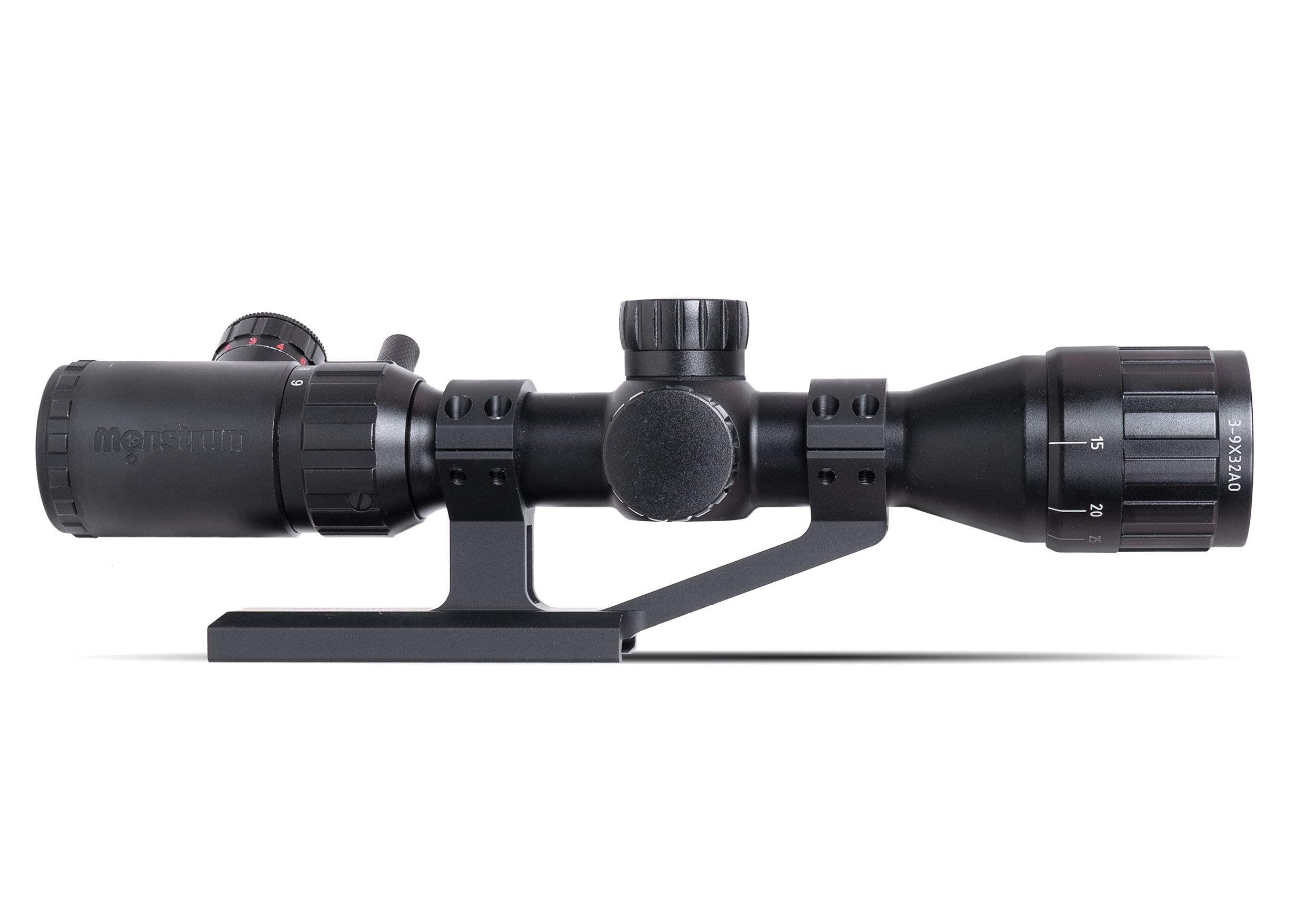 Monstrum 3-9x32 AO Rifle Scope with Illuminated Range Finder Reticle and Parallax Adjustment | ZR255 H-Series Offset Scope Mount | Bundle