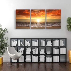 S0146 3 pieces Canvas Prints Wall Art Sunset Ocean Beach Pictures Photo Paintings for Living Room Bedroom Home Decorations Framed Seascape Waves Landscape Giclee Artwork 16x24inch x3pcs