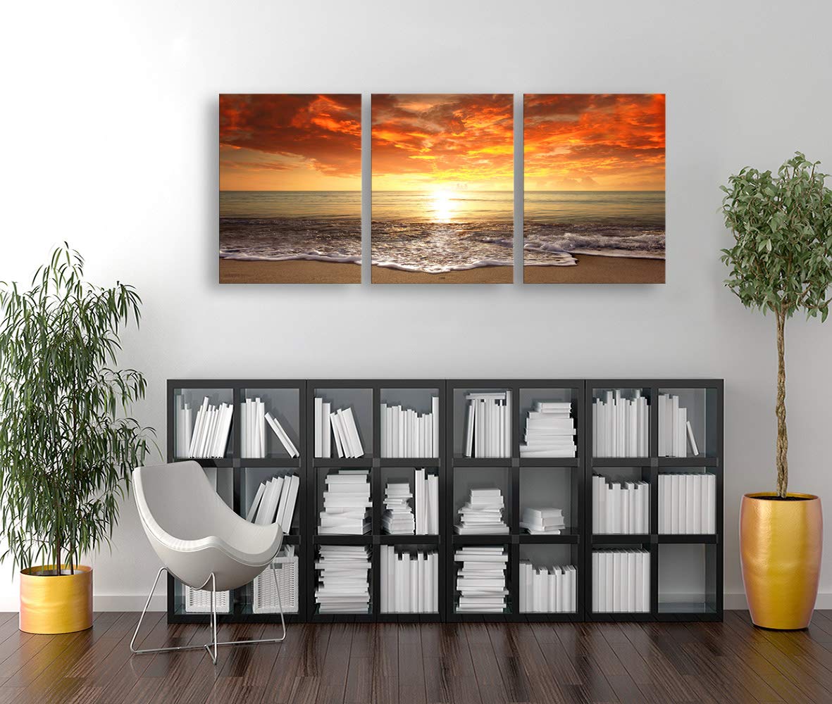 S0146 3 pieces Canvas Prints Wall Art Sunset Ocean Beach Pictures Photo Paintings for Living Room Bedroom Home Decorations Framed Seascape Waves Landscape Giclee Artwork 16x24inch x3pcs