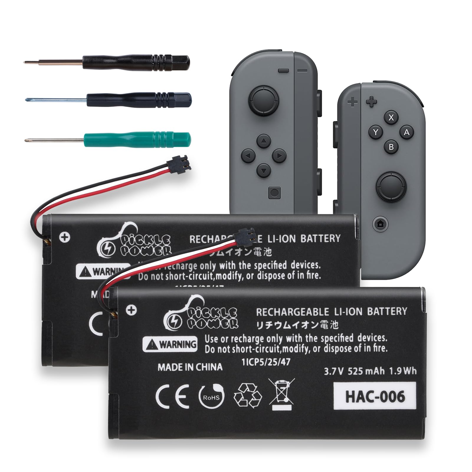 Pickle Power Joy Con Battery Replacement, 2pcs HAC-006 Battery for Nintendo Switch HAC-015 HAC-016 Left & Right Joy-Con Controller